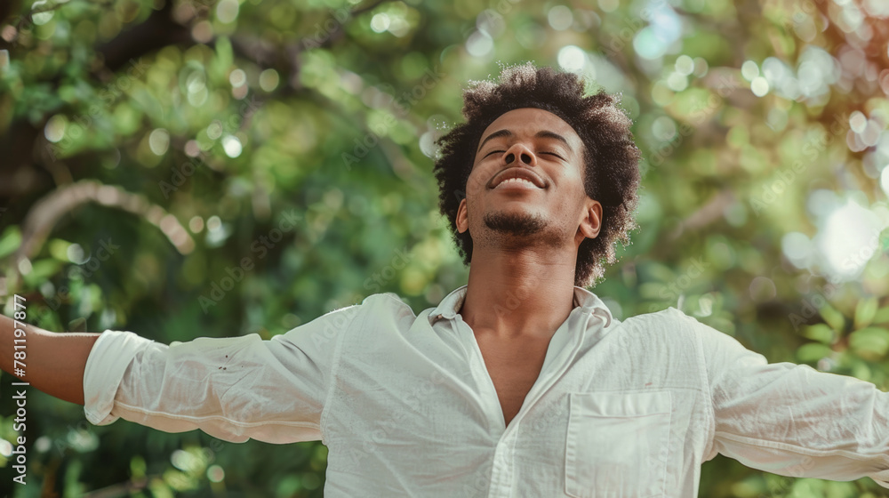 Portrait of a free happy black afro american man with open arms ...