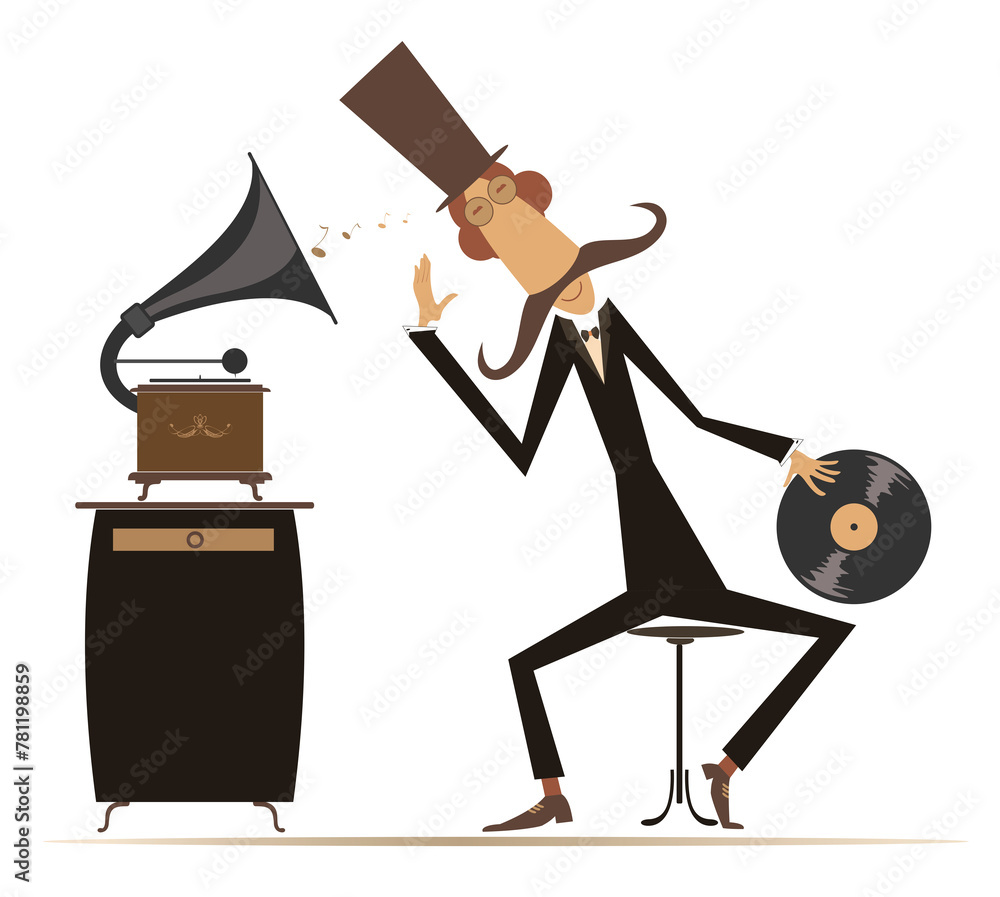 Man and retro record player. Cartoon man in the top hat holds a long ...