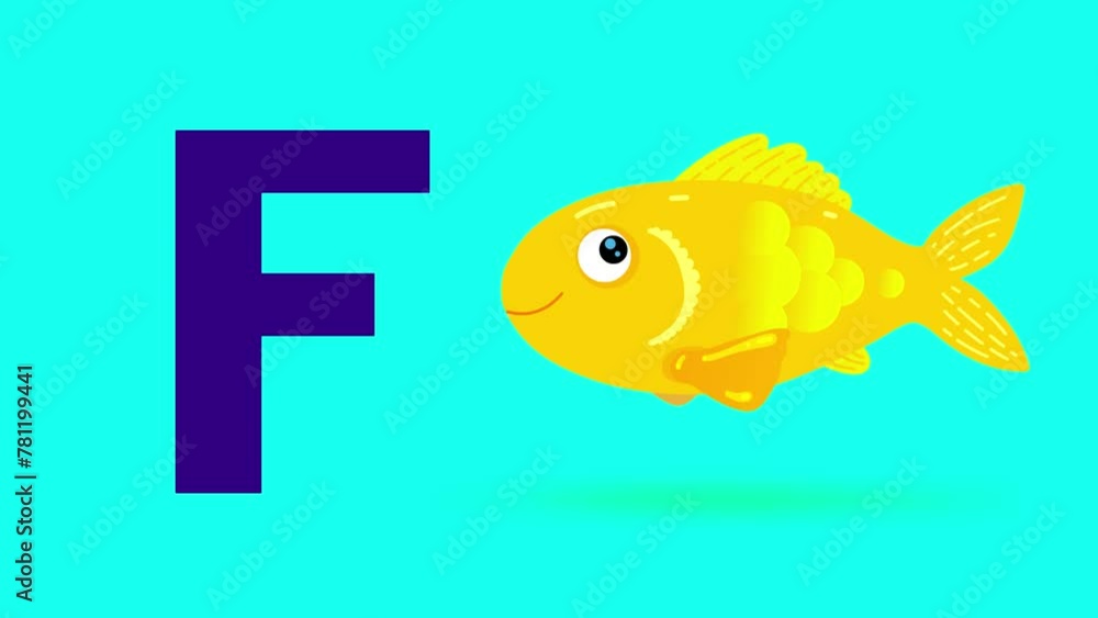 F letter big color like fish cartoon animation. Animal loop ...
