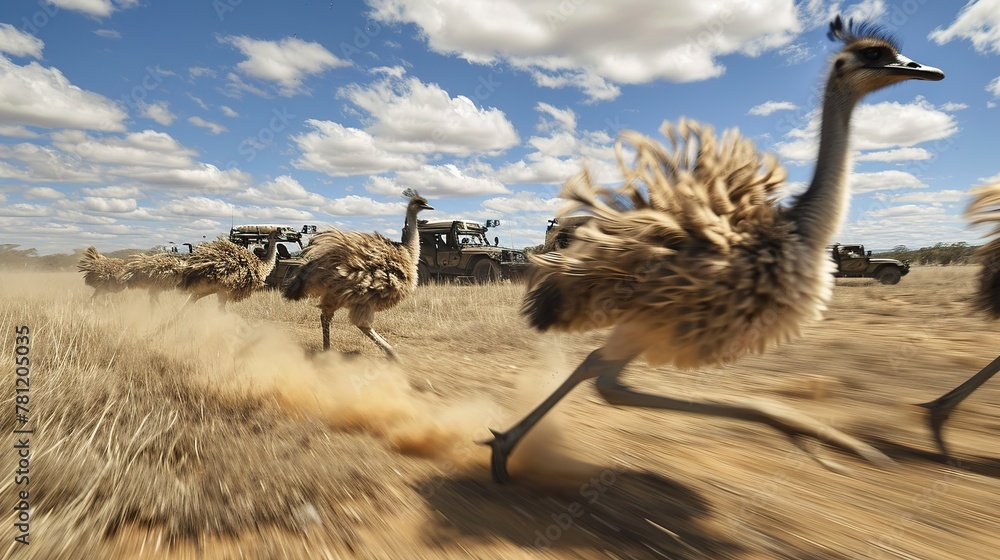 Emus in motion, their feathers ruffled as they run across an open field ...