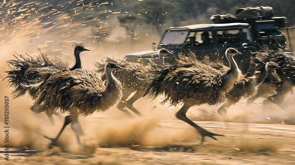 Emus in motion, their feathers ruffled as they run across an open field ...