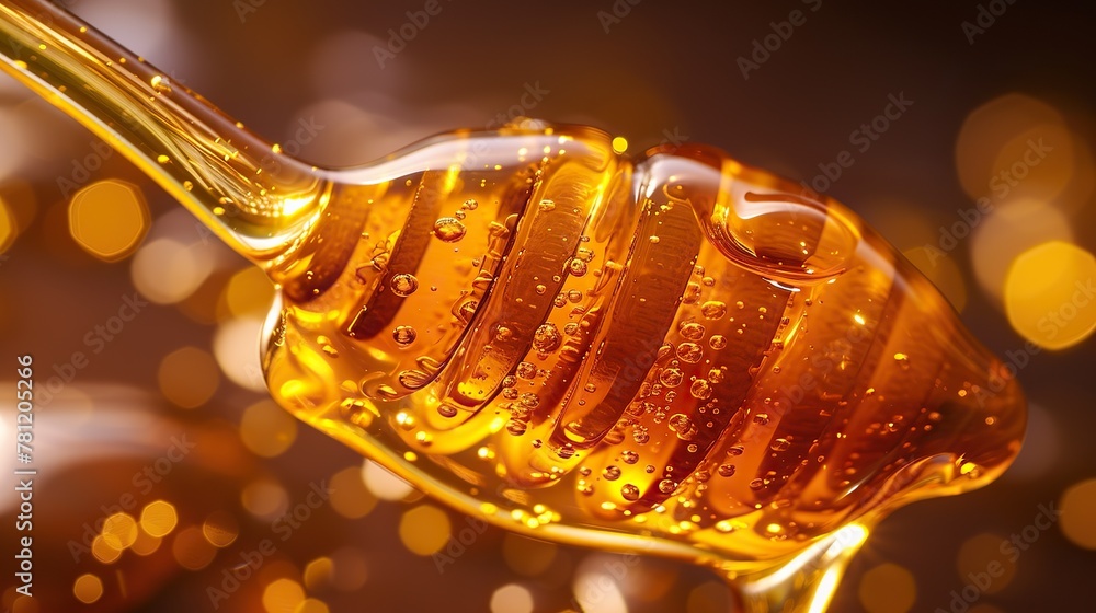 liquid honey oozing down the sides of a honey dipper, frozen in mid-air ...