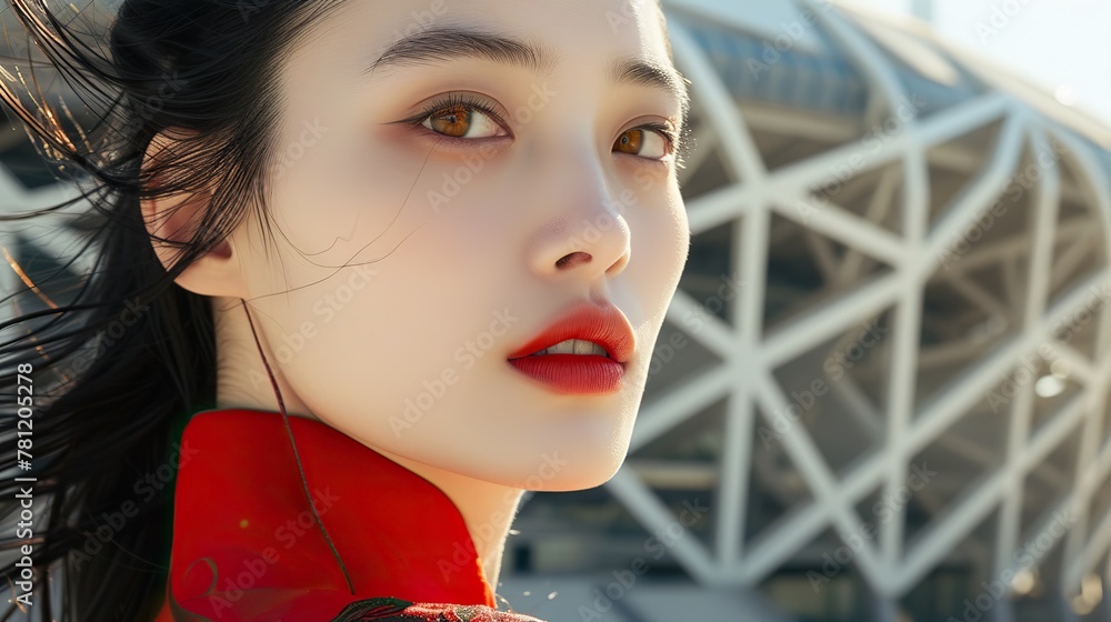 Foto de Chinese girl with onyx-black hair, vibrant red lips, and ...