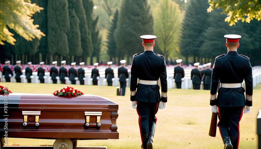 A solemn military funeral procession with marines in dress uniforms ...
