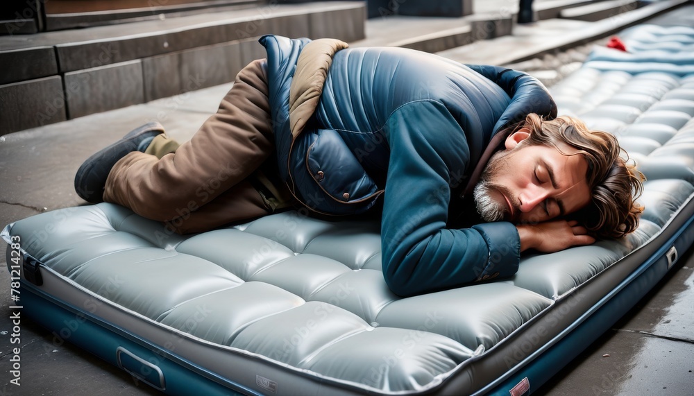 Amidst the urban sprawl, an animated man finds a moment of rest on an ...