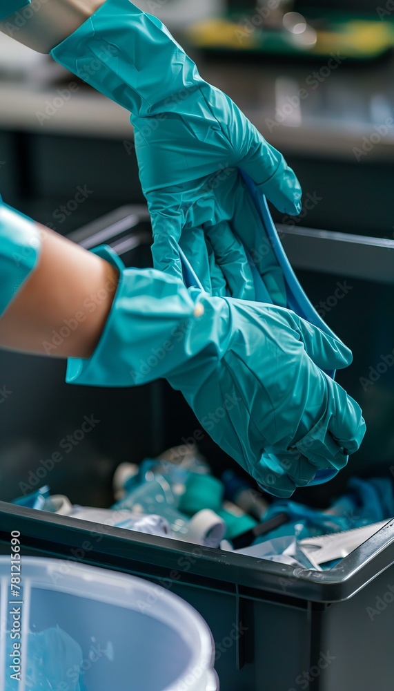 Hand wearing gloves disposing of biomedical waste. Healthcare and ...