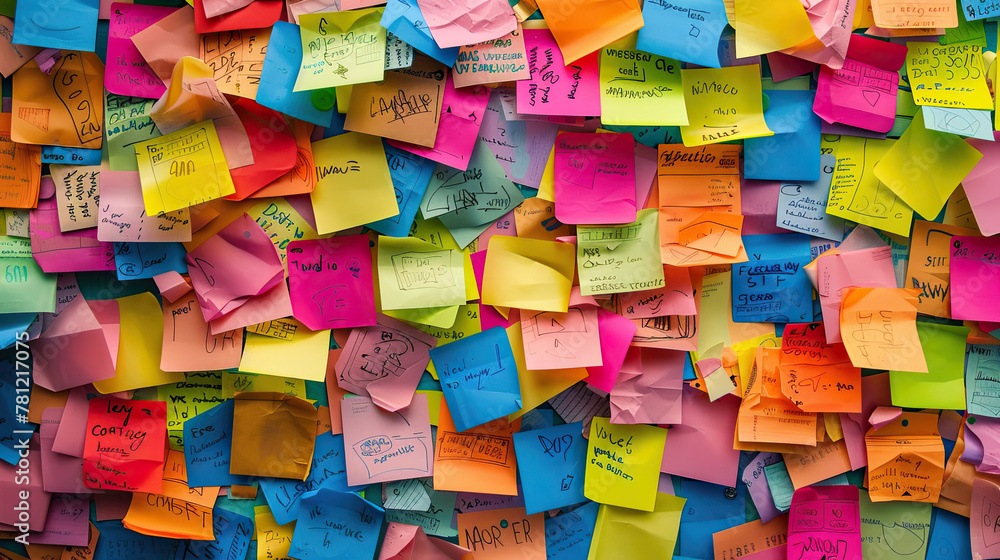 Multi colored adhesive notes on chaotic bulletin board inspire modern ...