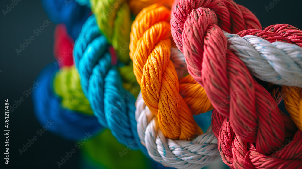 Closeup of colorful thick ropes intertwined in intricate knot ...