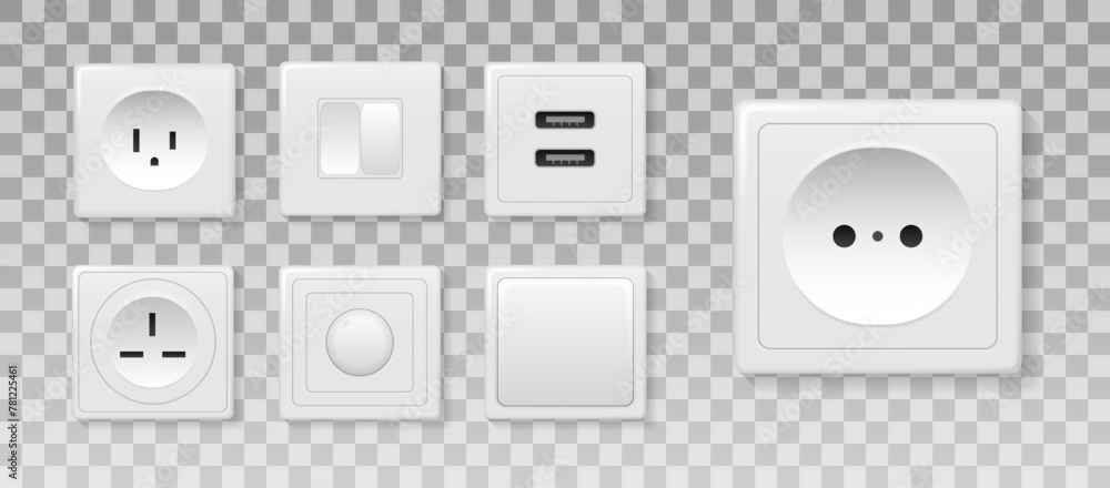 Set of different types of power switches. Power electrical socket ...