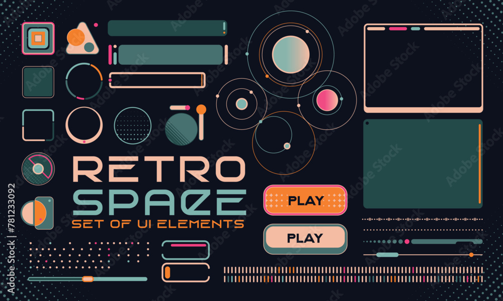 Retro futuristic cosmic illustration set. Game Interfase elements fo ...