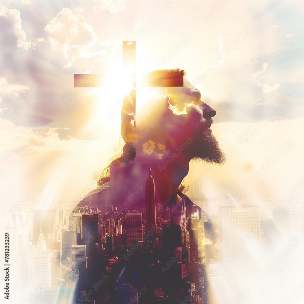 Double exposure image of Jesus Christ, Christian cross and skyscrapers ...