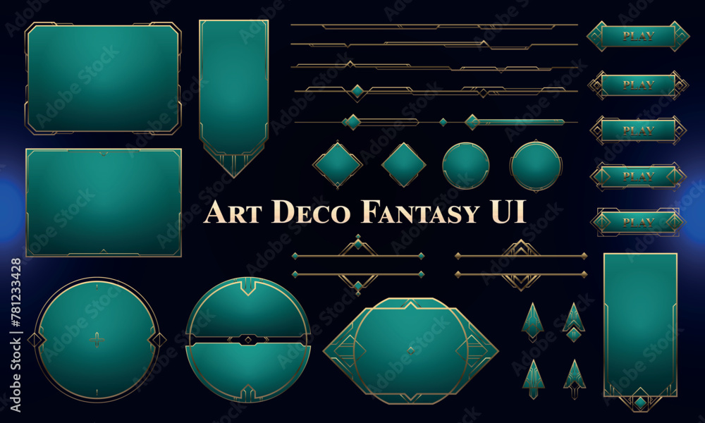 Set of Art Deco Modern User Interface Elements. Fantasy magic HUD with rewards. Template for rpg ...