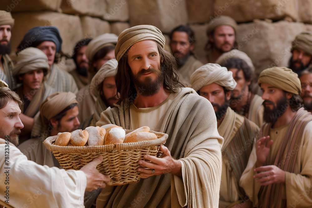 Jesus Christ feeding crowd of five thousand people with loaves Stock ...