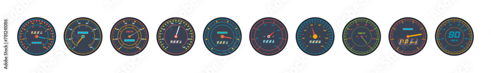 Set of car speedometer level indicator icons isolated on white ...