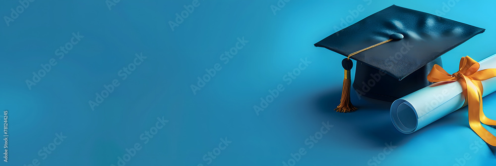 Graduation cap and diploma web banner, graduation mortar hat and degree ...
