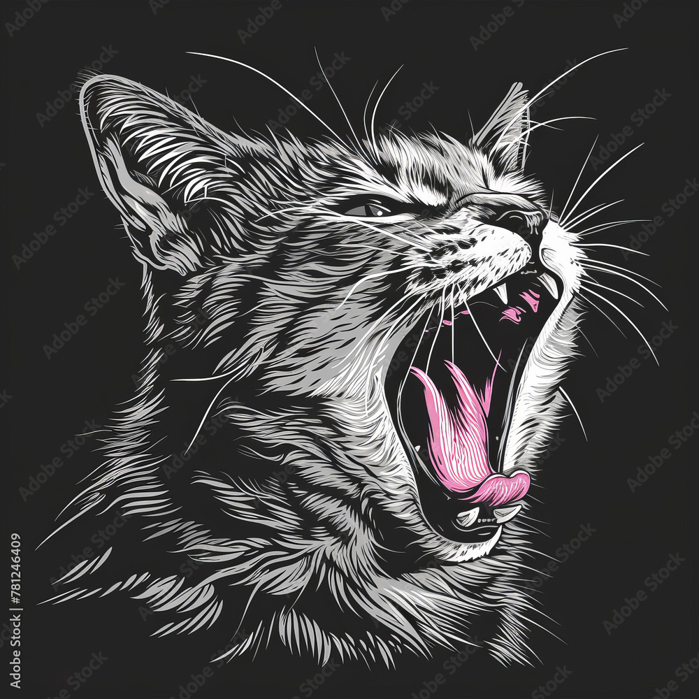 Expressive cat illustration with mouth open in a silent meow against a ...