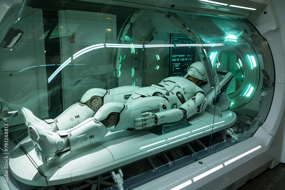 Cryogenic glass capsule with humanoid robot. science laboratory. Stock ...
