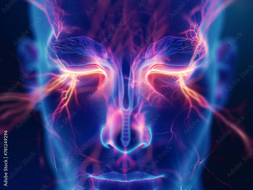 Radiant depiction of sinus pain, facial nerves in focus, against ...