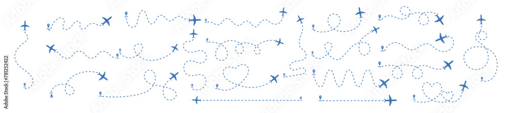 Travel concept from the start point and dotted line tracing icon set ...