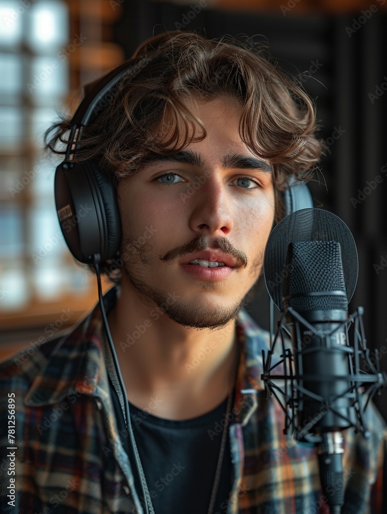 Closeup studio room portrait, young content creator at microphone ...