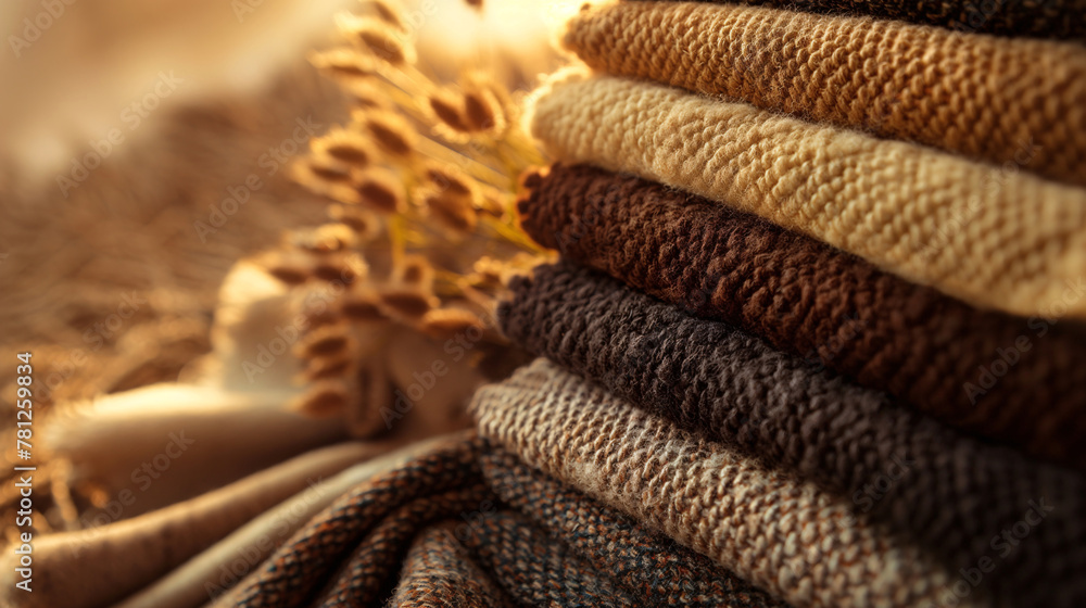 A stack of richly textured boucle fabric with curled yarns that create ...