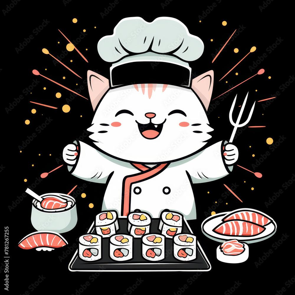 Kawaii cat sushi chef with various sushi delights on a festive ...