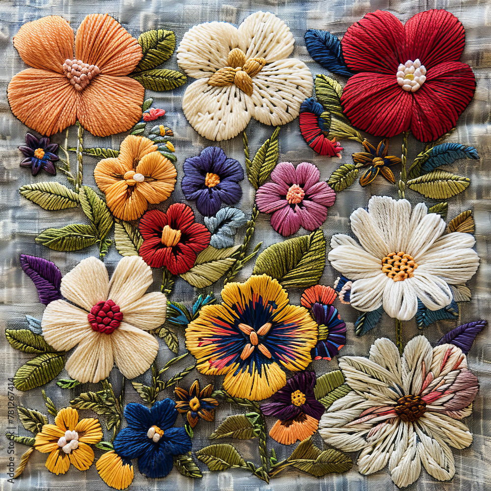 Hand-embroidered floral art featuring vibrant textile flowers and lush ...