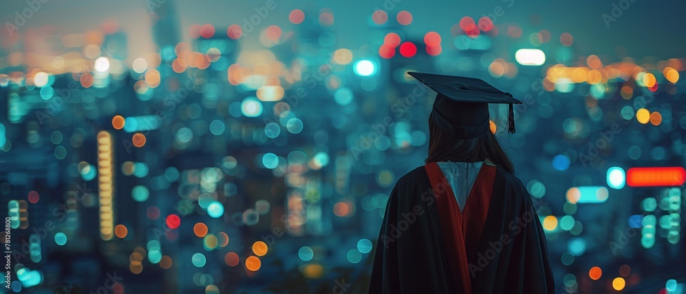 Academic gown and hat against a cityscape, in 8K, a graduated woman ...