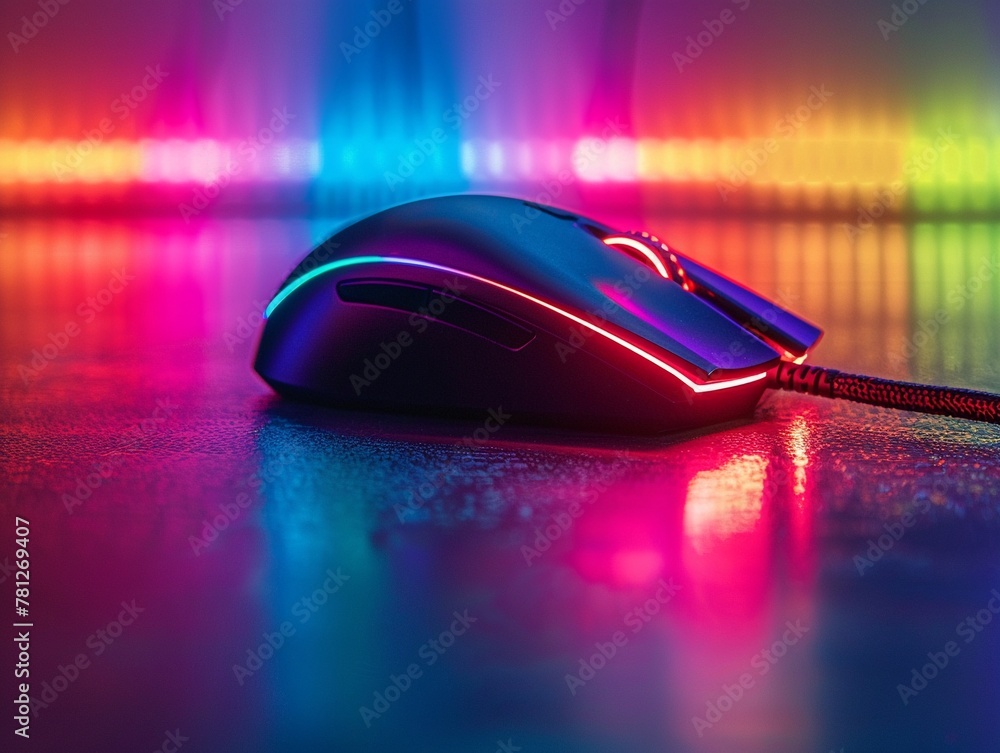 Closeup of a black mouse on a table, illuminated by rainbow glow light ...