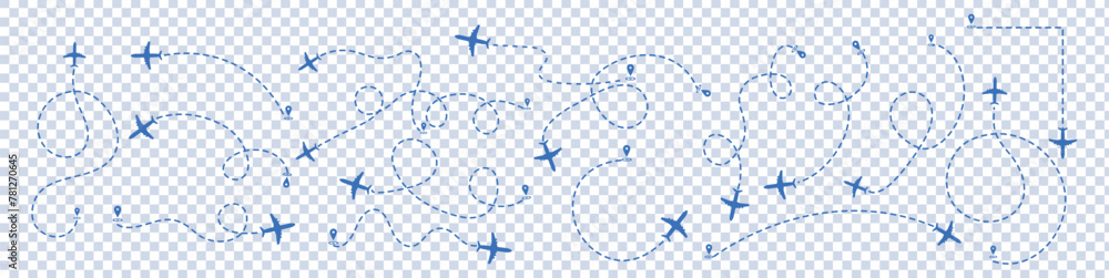 Airplane routes set. Plane dotted paths. Planes dotted flight pathways ...