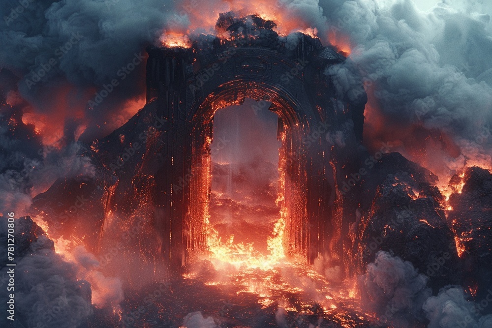 The gate to hell, a cursed entrance for the sinful, surrounded by smoke ...