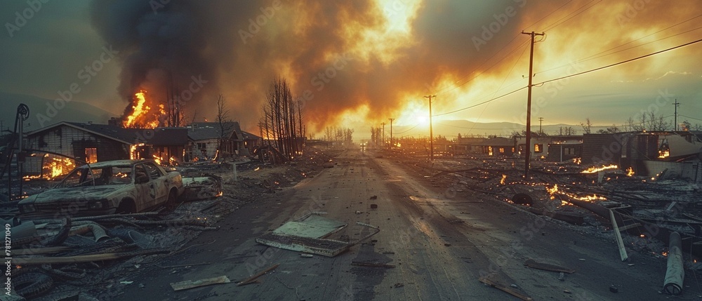 Town devastated by wildfire flames, severe damage and destruction ...