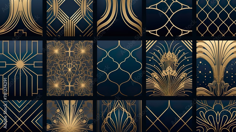 A collection of seamless art deco patterns with metallic gold designs ...