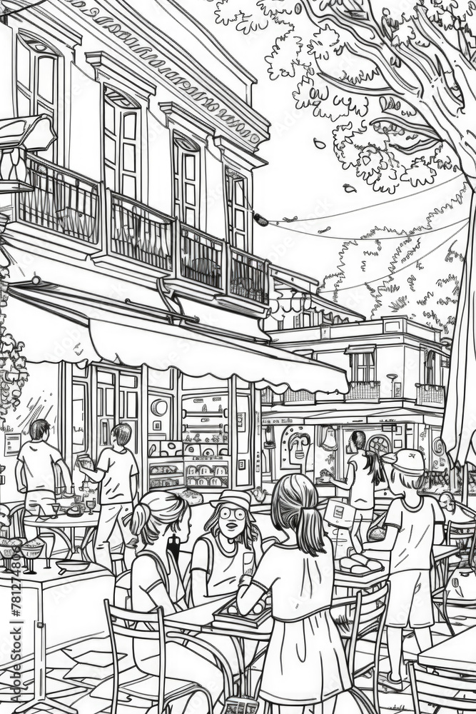 Coloring page of detailed black and white drawing of several ...