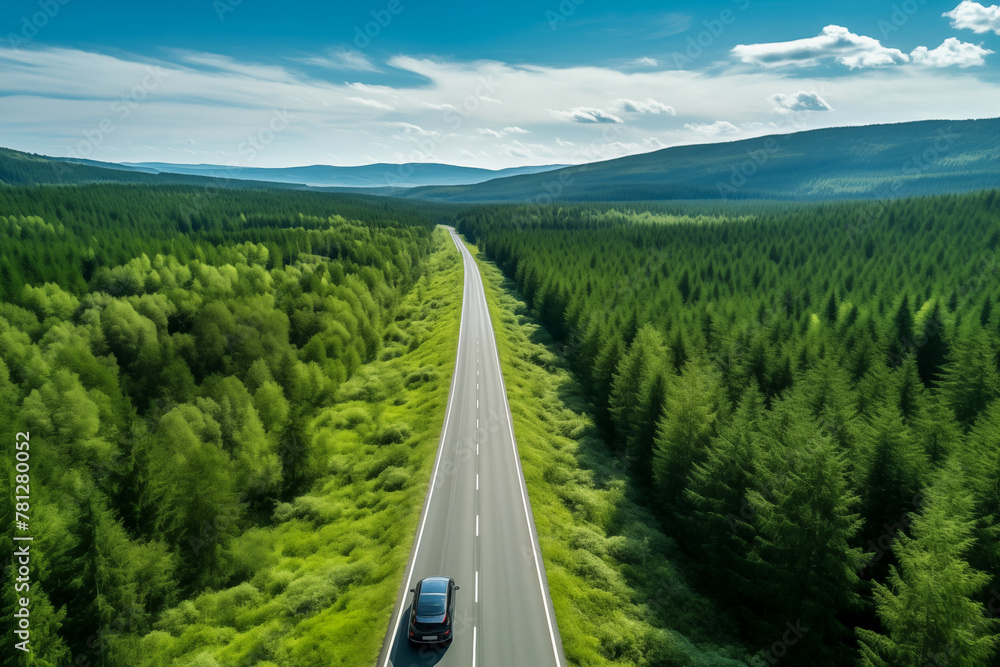 Car Driving on a Countryside Road Through Forest. Top view forest road ...