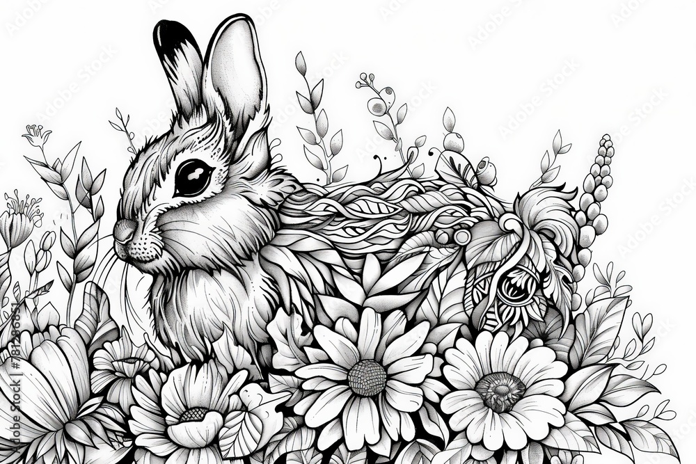 Coloring Pages A charming rabbit is depicted amongst a vibrant array of ...