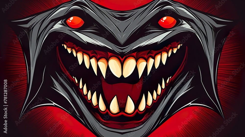 The image depicts a menacing creature with glowing red eyes and a mouth ...