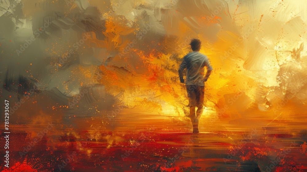 The back view of a man running with motion effect in digital art style ...