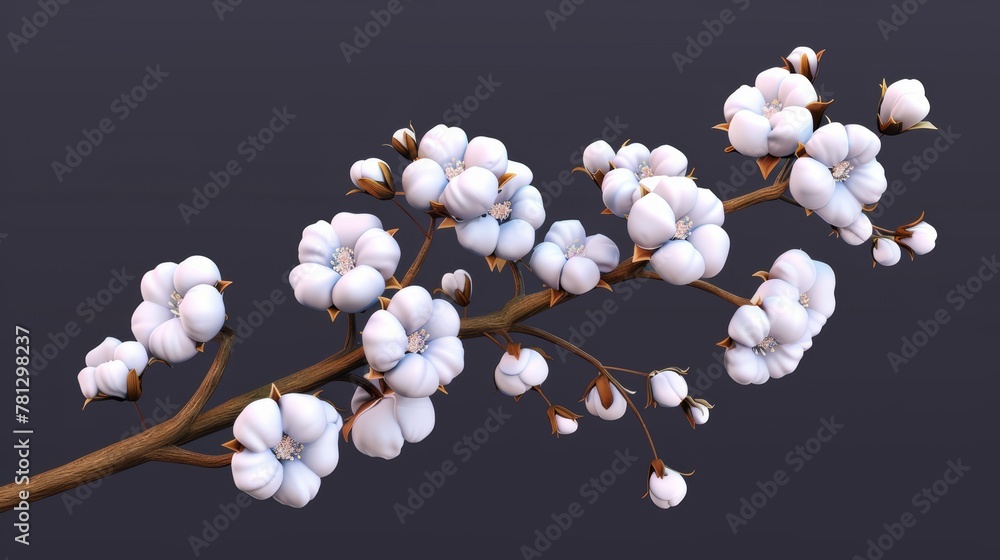 A realistic cotton branch with flowers, a beautiful plant with white ...