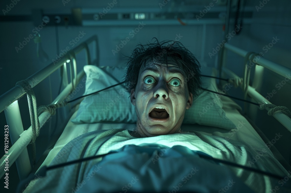 A patient strapped to a bed in a dimly lit hospital room, their eyes ...