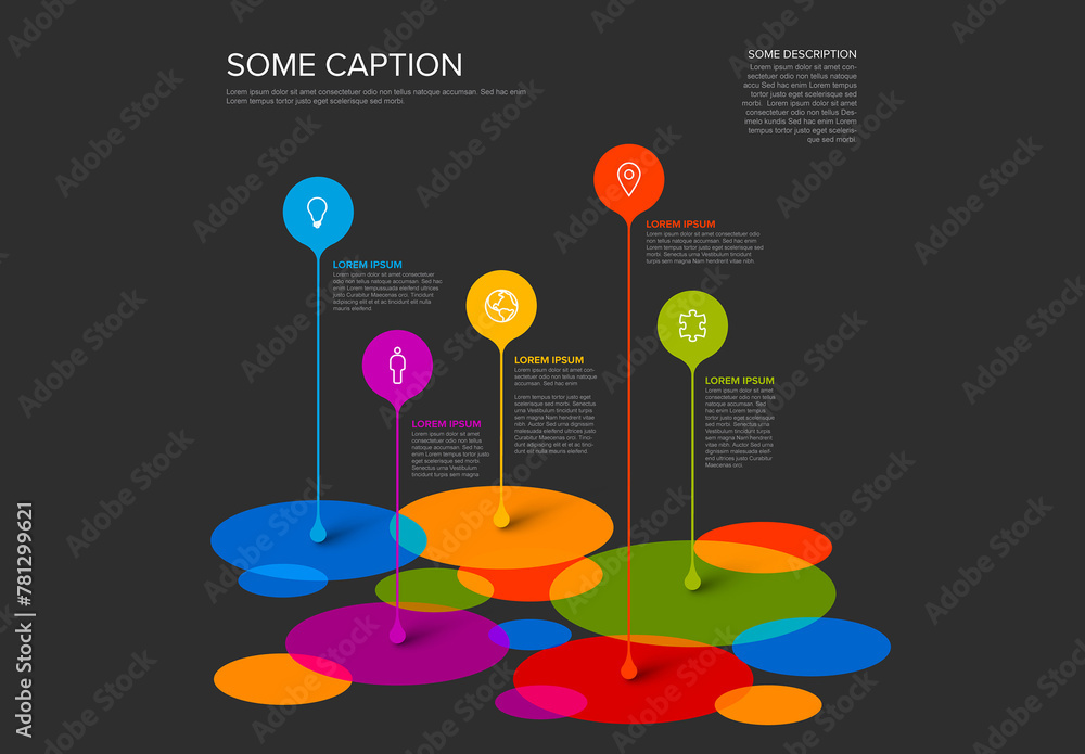 Dark Infographic template with droplet pointers on big color circles ...
