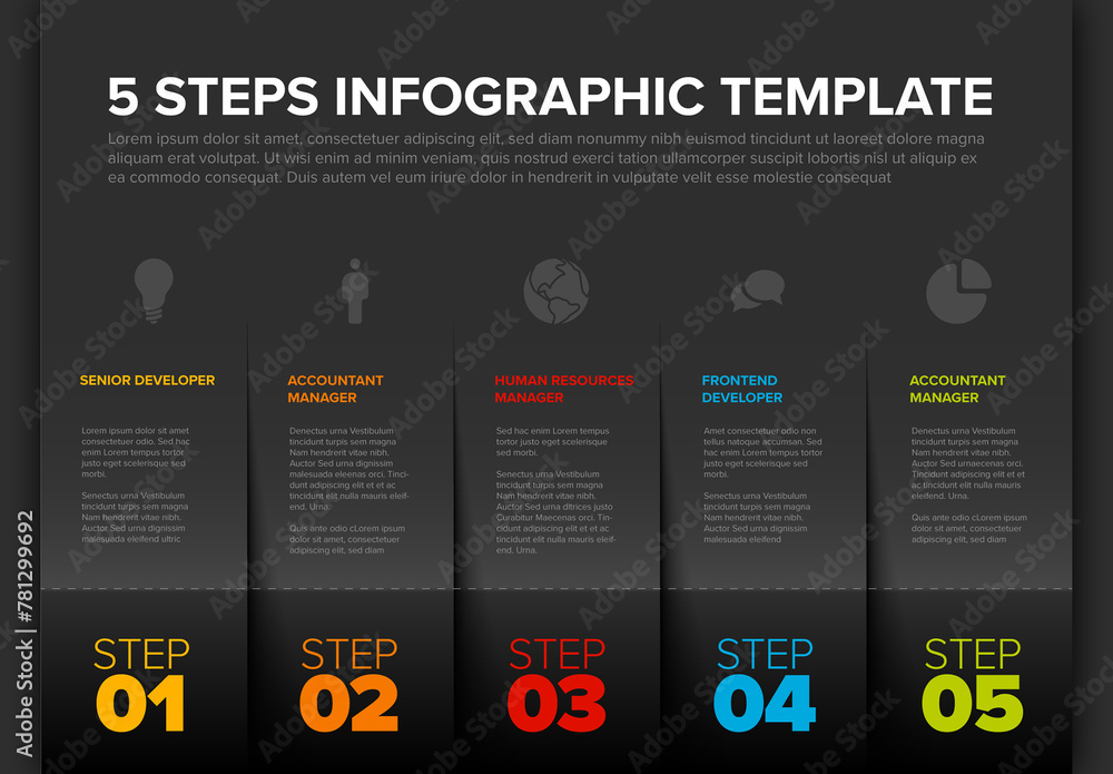 Dark gray paper stripe steps infographic template with big steps icons ...