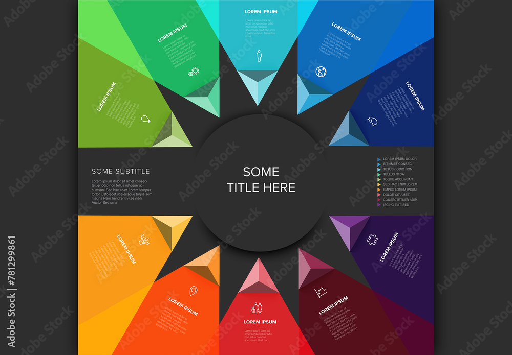 Multipurpose Infographic template with ten rainbow triangle area arrows ...