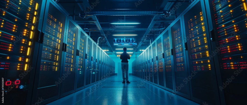 A modern data center facility housing rows of servers, storage arrays ...