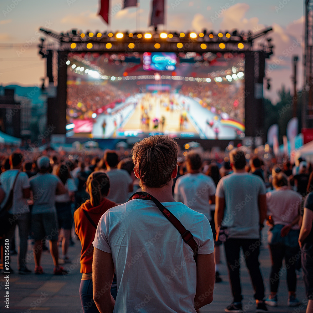Back view of group of people watching the Olympic games in front of a ...