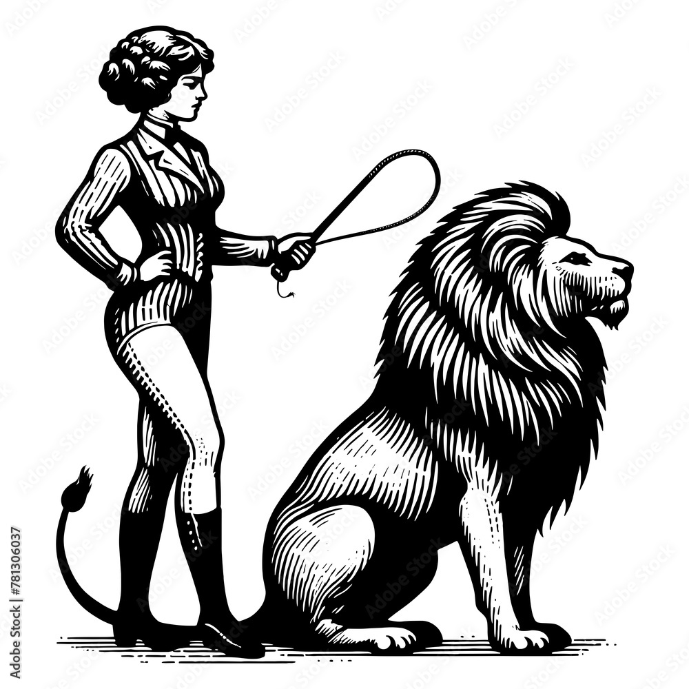 lion tamer in a classic performance pose with a majestic lion sketch ...