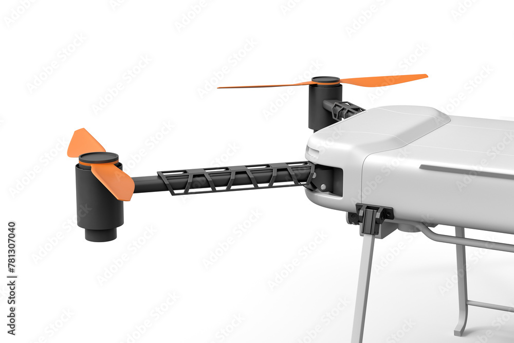 3d close-up rendering of part of light gray quadcopter with camera ...