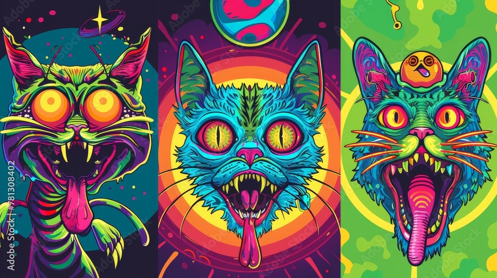 A set of psychedelic rave trip banner templates, with a martian head, a ...