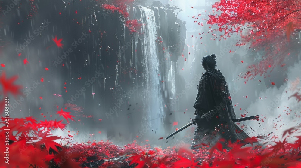 Illustration painting of a samurai standing in a waterfall garden with ...