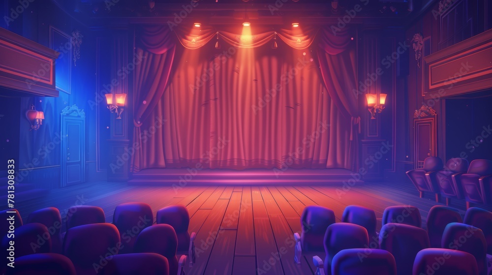 The stage of a theater has red curtains and spotlights with empty seats ...